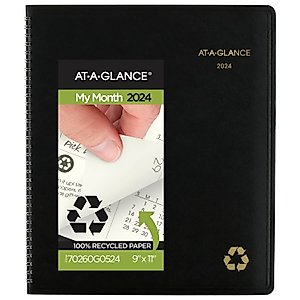 AT-A-GLANCE 2024 Monthly Planner, 9" x 11", Large, Spiral Bound, Recycled, Monthly Tabs, Faux Leather, Black (70260G0524)