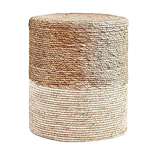 Wimarsbon Pouf Ottomans, Natural Seagrass Poof, Hand Weave Round Footstool, Pouffe Accent Chair, Sitting Braided Footrest W/Jute Cover, Home Decorative Seat, Boho Chair for Living Room, Bedroom, White