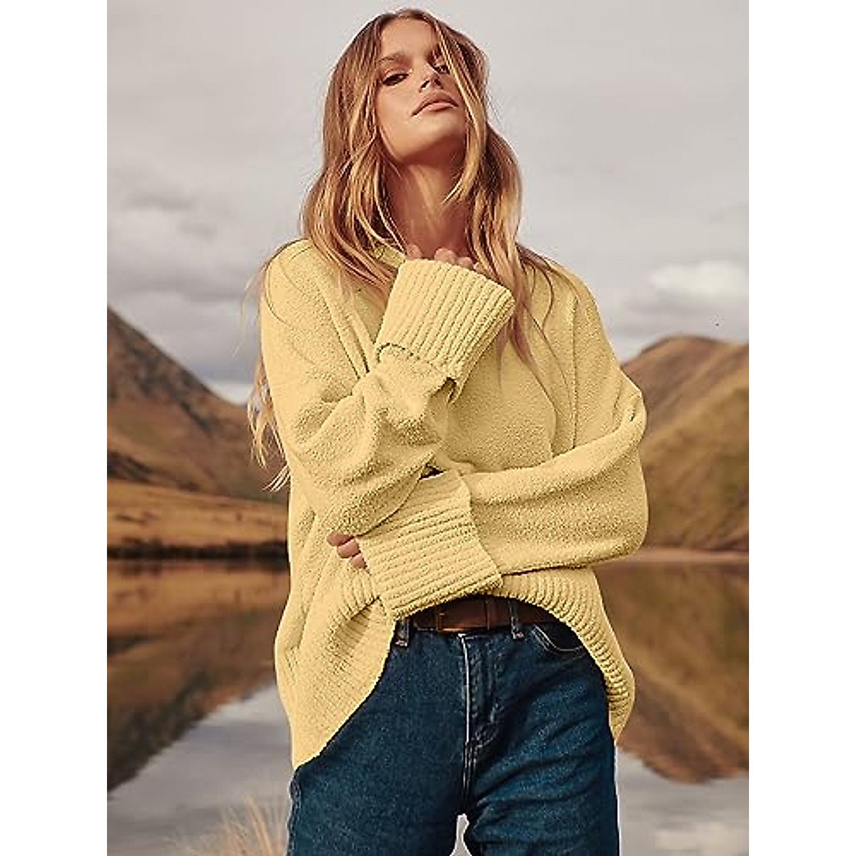ANRABESS Women's Oversized Crewneck Long Sleeve Fuzzy Knit Casual Chunky Warm 2025 Fall Pullover Sweaters Top Trendy Outfits Yellow X-Large