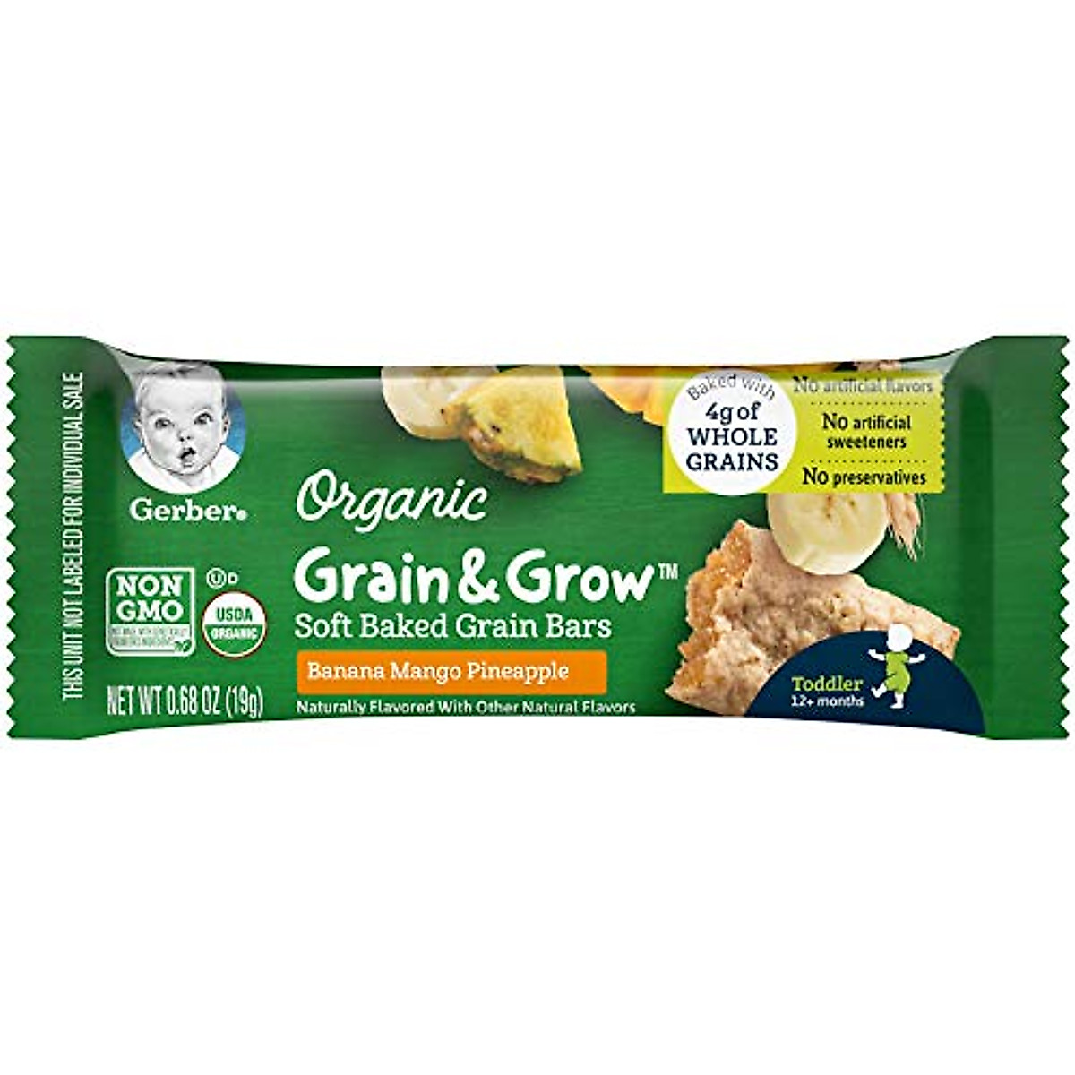 Gerber Organic Grain & Grow Toddler Bars, Banana Mango Pineapple, Soft Baked Grain Bars Toddler Snack, 8 Individually Wrapped Bars/Box (Pack of 2 Boxes)