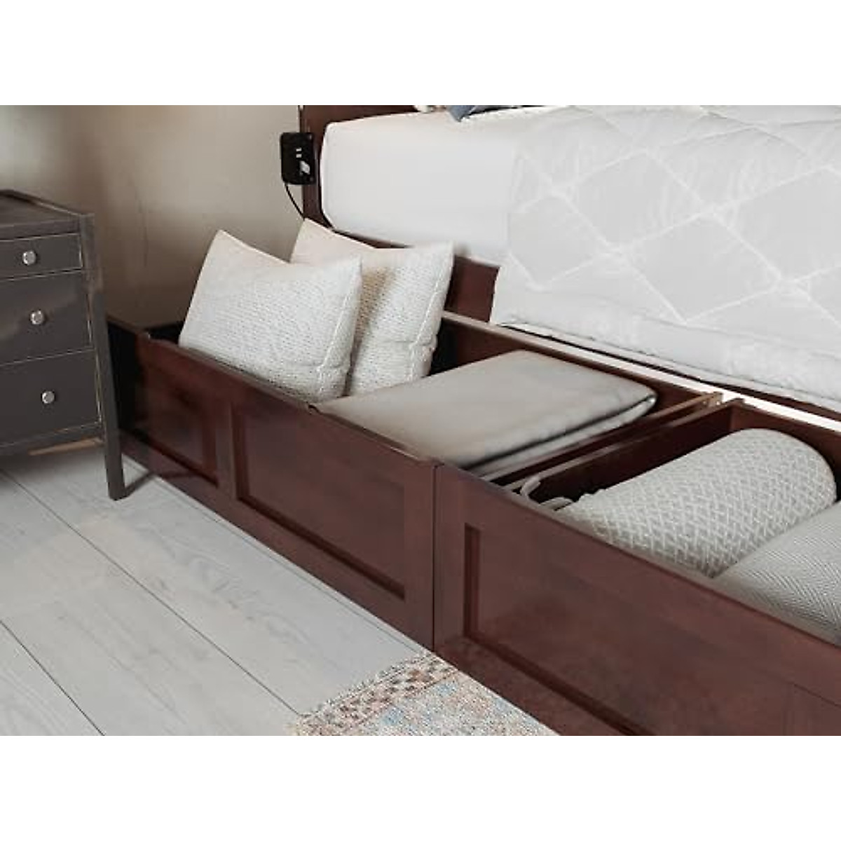 AFI Warren Twin XL Size Platform Bed with Footboard, Storage, & Charging Station in Walnut