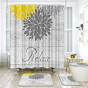 DuoBaorom 4 Pieces Set Yellow Grey Flower Shower Curtain Set Dahlia Floral Relax Sign Picture Print on Non-Slip Rugs Toilet Lid Cover Bath Mat and Bathroom Curtain with 12 Hooks 72x72inch