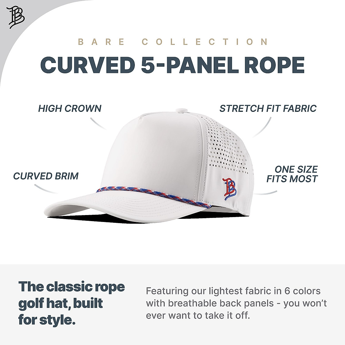 Branded Bills Party Eagle PVC Curved 5 Panel Rope Hat, White/RWB Rope, Fits 7-7 7/8, Adjustable Snapback | Lightweight, Comfort Stretch, & Quick Dry Baseball Cap