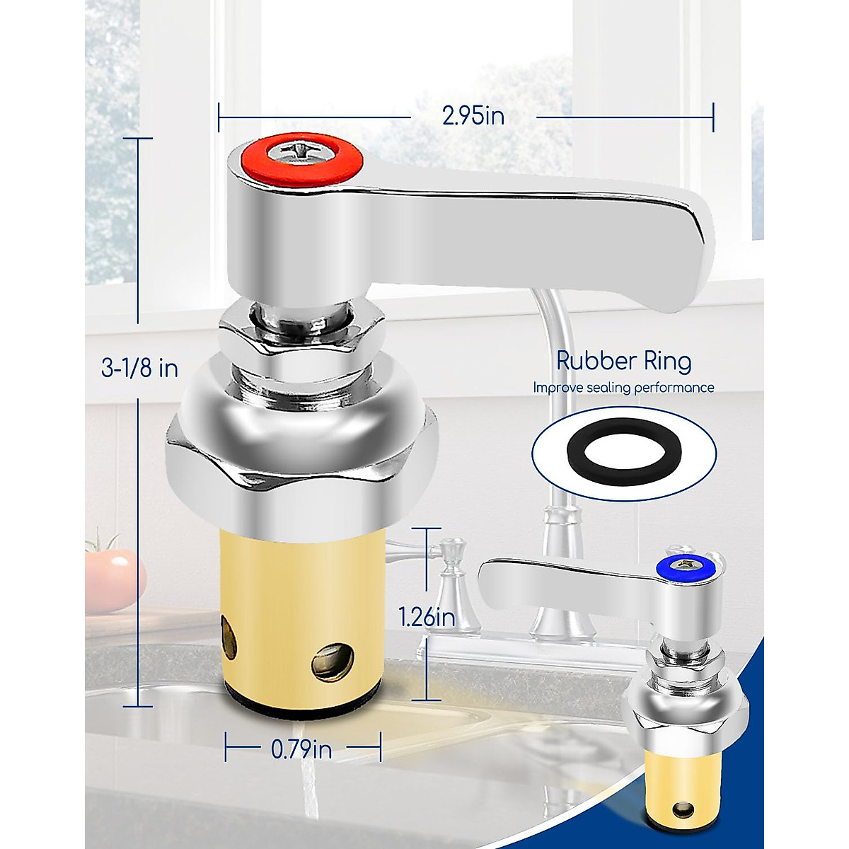 WMJNH Handle Stem Assembly Fits for T&S Brass Faucets Replace 002713-40 002714-40, Blue Cold and Red Hot Side Spindle Assembly Valve Replacement Part