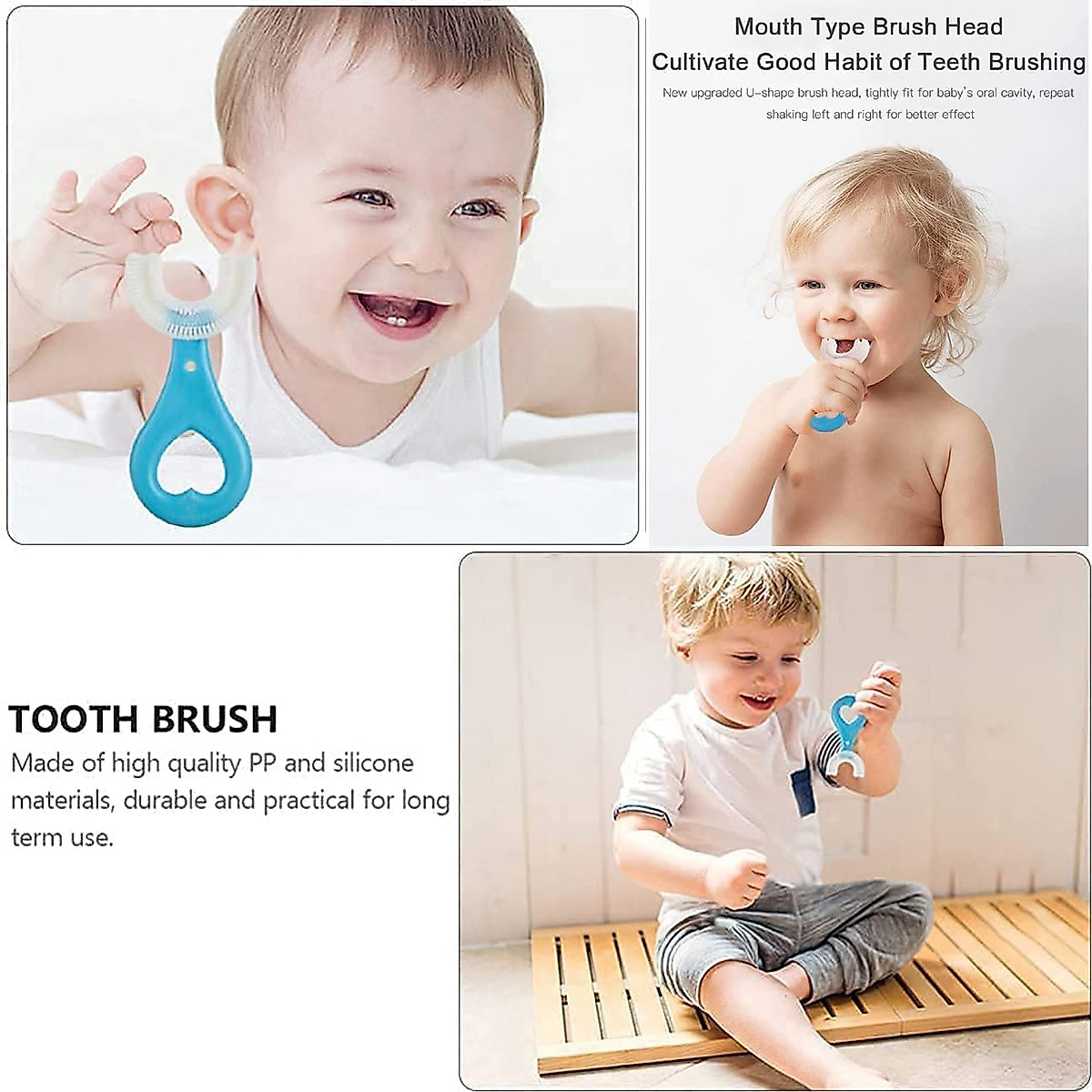 ETHCOOL Kids U-Shaped Toothbrush Food Grade Soft Silicone Brush Head 360° Oral Teeth Cleaning Design for Children Manual Training Toothbrush Easy Grip for Toddlers Blue Pink (Age 6-12)