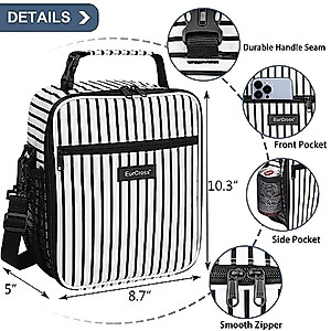 EurCross Lunch Box for Men Women Adults, Black and White Stripes Portable Lunchbox with Strap for Work, Insulated Reusable Small Lunch Bag for Office