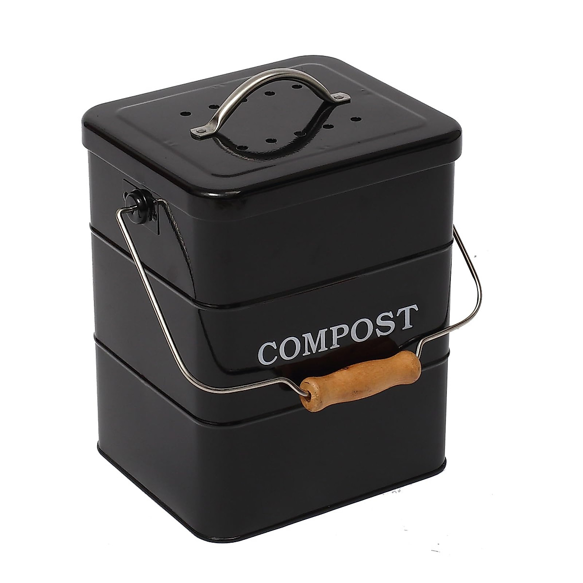 Compost Bin Kitchen Countertop Indoor Compost Pail Bucket, Great for Food Scraps, Carbon Steel, Handles, Black, 1 Gallon - Includes Charcoal Filter