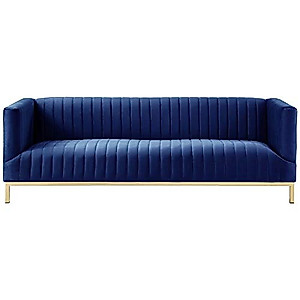 Posh Living Hayden Velvet Tuxedo Sofa with Y-Metal Base in Navy Blue/Gold