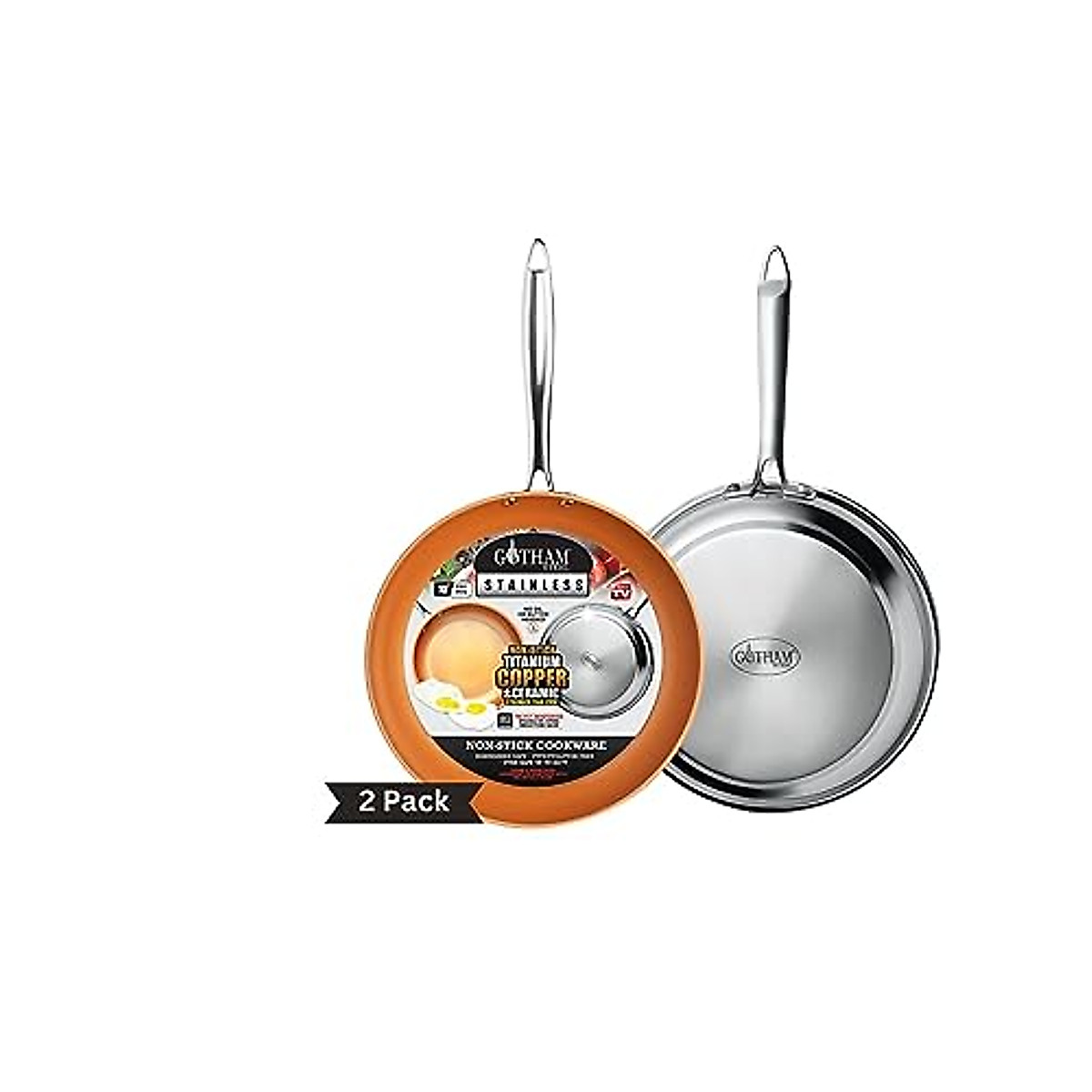 Gotham Steel Stainless Steel 2 Pack Nonstick Frying Pan Set, Induction Base Stainless Steel Skillet Set + Stainless Steel Pan Set, Metal Frying Pan – Nonstick Egg Pan, Oven/Dishwasher Safe Non Toxic