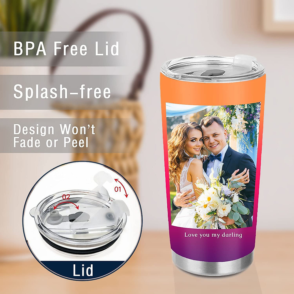 YESCUSTOM Personalized Tumbler with Photo Text, Gradient Pictures Stainless Steel Insulated Tumblers Coffee Travel Mug, Custom Gifts for Anniversary Surprise Birthday for Dad, Mom, Friend-20 Oz