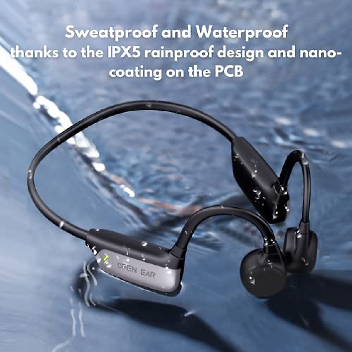 Open Ear Waterproof Bone Conduction Headphones with Bluetooth, Microphone, Voice Control, Ideal for Outdoor Sports, Lightweight Titanium Band, Up to 8H Play, Cable and Ear Plugs Included