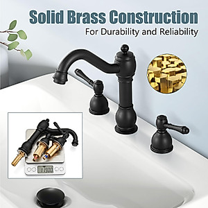 Aolemi Matte Black 8 Inch 3 Holes Widespread Bathroom Sink Faucet Doubel Lever Handle Vanity Basin Mixer Tap with Pop Up Drain Assembly Deck Mount