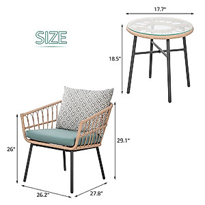 wOod-it 3 Piece Patio Furniture Outdoor Conversation Bistro Set with Tempered Coffee Table and Wicker Chairs for Garden Balcony Backyard Yard Poolside (Green)