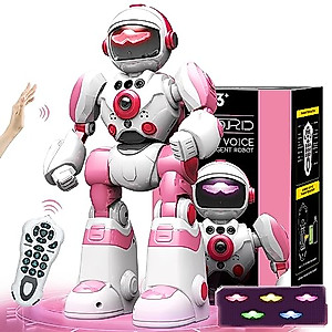 FUUY Robot for Kids 3-5, Robot Toys for Girls with Record Voice & Gesture Sensing Control Programmable Music Dancing Functions Smart Pink Warrior Birthday Gift Toys for Toddler Age 3 4-6 5-7 Year Old