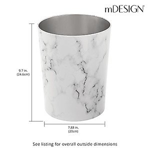 mDesign Round Metal Small 1.7 Gallon Recycle Trash Can Wastebasket, Garbage Container Bin for Bathrooms, Kitchen, Bedroom, Home Office - Durable Stainless Steel - Mirri Collection - White Marble