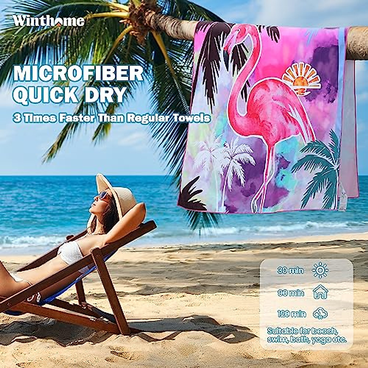 Winthome Microfiber Sand Free Beach Towel Thin Quick Fast Dry 35.4" x 70.8” Oversized Extra Large Lightweight Towels for Travel Sports Pool Swimming Bath Camping Yoga Girls Women Adults