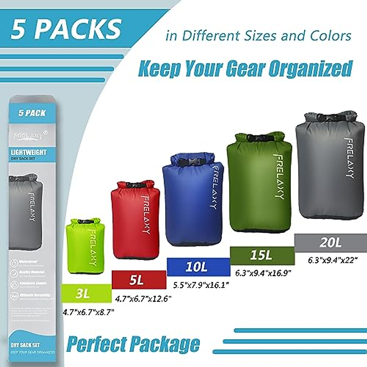 Frelaxy Dry Bag 3-Pack/5-Pack, Ultralight Dry Sack, Outdoor Bags Keep Gear Dry for Hiking, Backpacking, Kayaking, Camping, Swimming, Boating