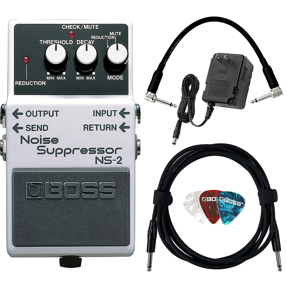 Boss NS-2 Noise Suppressor Bundle with Power Adapter, 10ft Instrument Cable, 6in Patch Cable, and Picks
