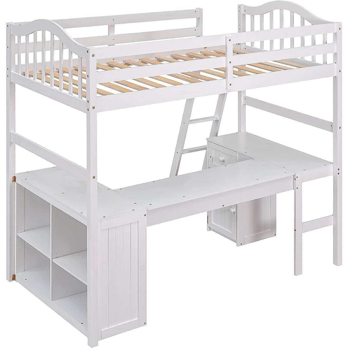 Harper & Bright Designs Twin Size Loft Bed with Desk, Wood Loft Bed Twin with Drawers, Cabinet, Shelves, Kids Loft Twin Bed with Desk and Storage for Girls Boys Teens,No Box Spring Needed,White