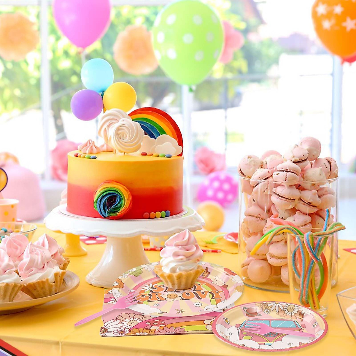 Grencian 96Pcs Groovy Birthday Party Decorations Hippie Tableware Set Daisy Hippie Paper Plates and Napkins for Girls Boys One Two Groovy Birthday Party Supplies Retro Boho Bachelorette Baby Shower