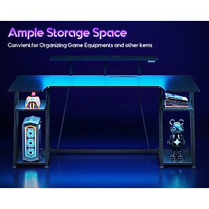 MOTPK Gaming Desk with LED Lights, 60 Inch U Shaped Desk with Power Outlet, Gaming Computer Desk with Storage Shelves, PC Gaming Table with Monitor Stand&Headphone Hook, Carbon Fiber Texture, Black