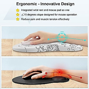 iCasso Ergonomic Mouse Pad Wrist Support, Wrist Rest, Comfortable Computer Gel Mouse Pad for Laptop, Memory Foam,Pain Relief Mousepad with Non-Slip PU Base for Office Home (White Wave of Kanagawa)