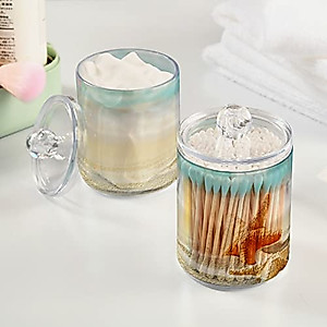 4 Pack Qtip Holder Dispenser Shell on Beach Summer Time Cotton Ball Cotton Swab Cotton Round Pads Floss Clear Bathroom Storage Containers Plastic Apothecary Jars with Lids
