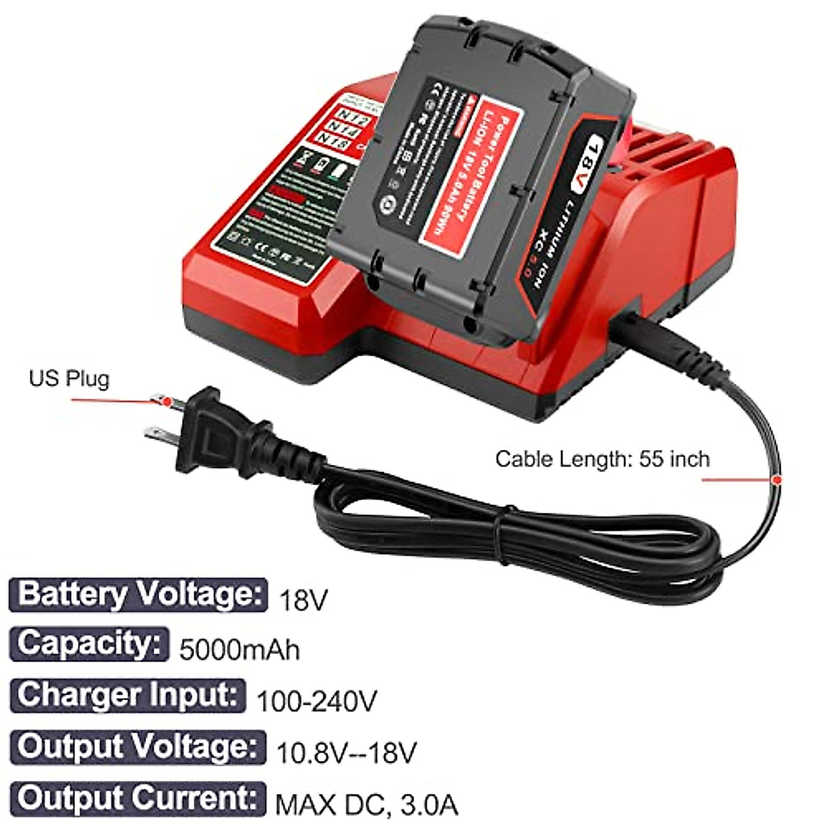 ADVTRONICS 18V 5.0Ah M18 Battery with Charger 48-59-1812 Compatible with 18V Battery M18 M18B 48-11-1852 48-11-1850 48-11-1840 48-11-1890 48-11-1828 48-11-1820 48-11-1815 48-11-1820
