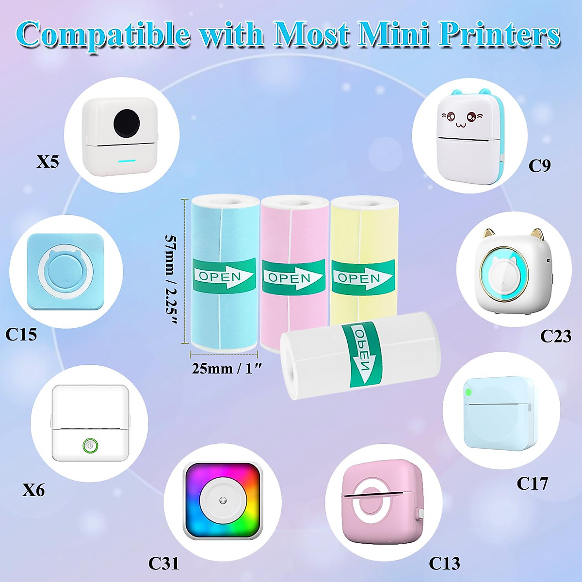 Vicbear 15 Rolls Thermal Sticker Paper for Mini Printer Sticker Maker, Including 9 Colored and 6 White Mini Printer Sticker Paper, Self-Adhesive Mini Thermal Printer Sticker Paper, 57 x 25 mm