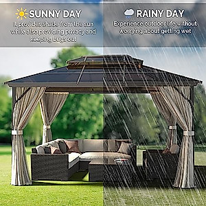 VINGLI 10’ x 13’ Outdoor Hardtop Gazebo Polycarbonate Double Roof Canopy Aluminum Frame Pavilion with Curtains and Netting Patio Gazebo
