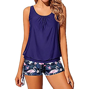 Yonique Blouson Tankini Swimsuits for Women 2 Piece Flamingo Bathing Suits Tops with Boyshorts Modest Loose Fit Swimwear M