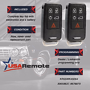 Car Key Fob Keyless Entry Smart Remote fits Volvo S60 S80 V60 V70 XC60 XC70 (KR55WK49264), Set of 2