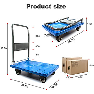 Platform Truck with 880lb Weight Capacity and 360 Degree Swivel Wheels, Dolly Cart Heavy Duty, Foldable Push Hand Cart with Large Size 35.8x24x34in for Loading and Storage (Blue, S)