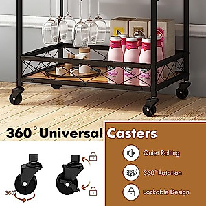 IFANNY Bar Cart, 3 Tier Rolling Cart with Removable Tray and Glass Holder, Wood Coffee Cart on Wheels, Small Kitchen Storage Islands & Carts, Serving Cart for Dining Room, Restaurant, Hotel