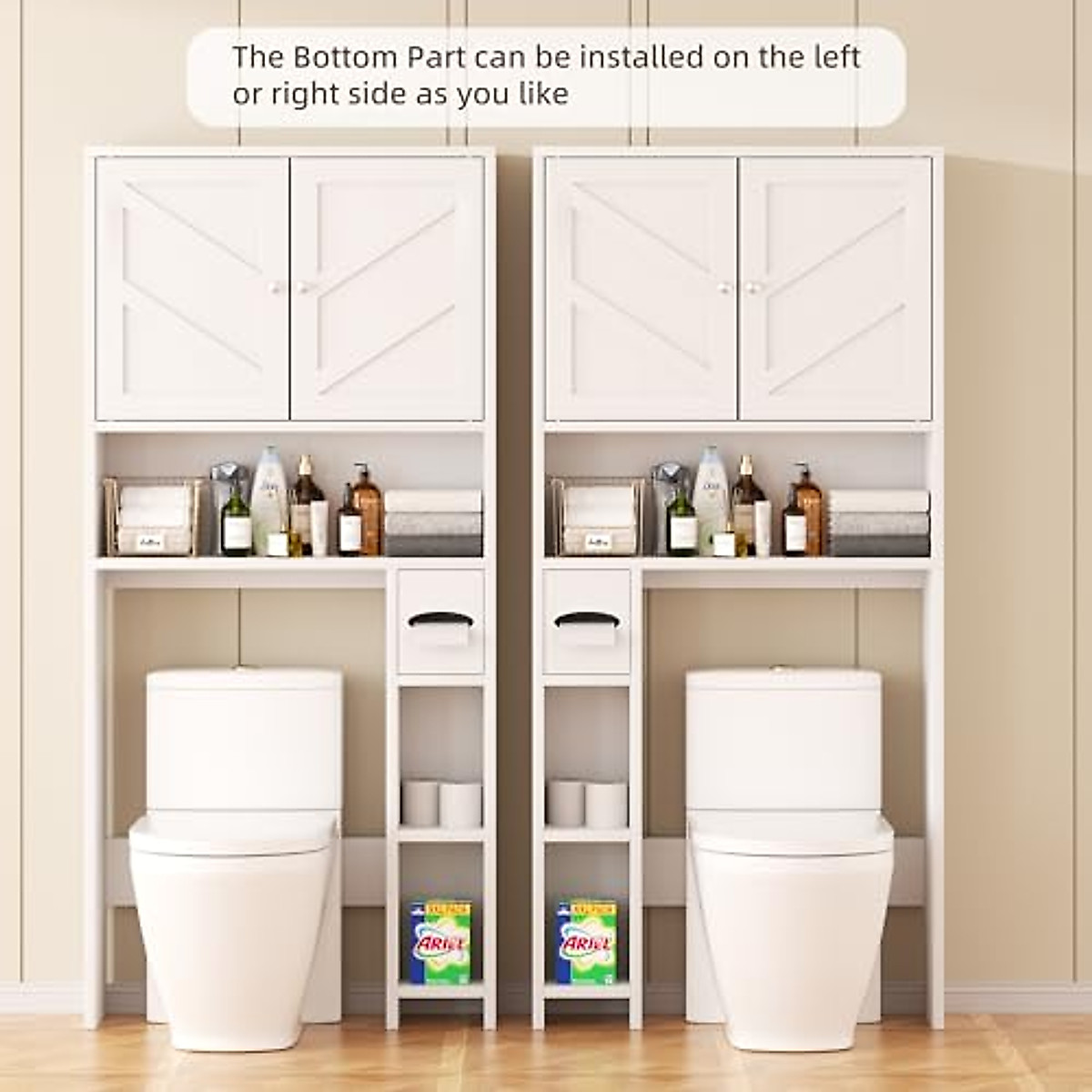 Shintenchi Over The Toilet Storage Cabinet, Bathroom Storage Cabient with Barn Doors, Bathroom Storage Shelf Organizer with Toilet Paper Holder, Adjustable Shelf and Anti-Tip Device, White