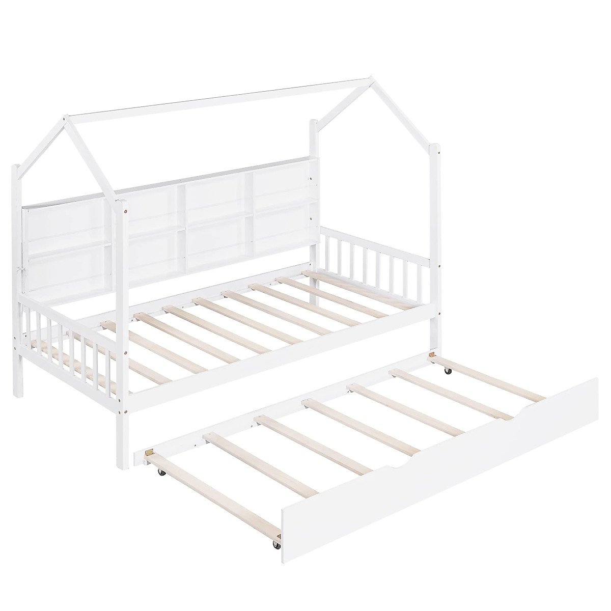 Merax Wood Twin Montessori Daybed with Trundle and Book Shelf, Low Sofa Day Bed for Boys Girls,No Box Spring Needed White