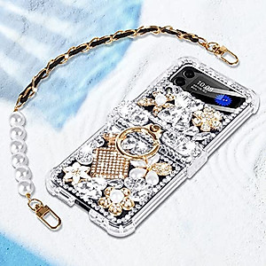 Leiju Case for Samsung Galaxy Z Flip 4 with Strap Case, 3D Handmade Sparkle Stunning Stones Crystal Diamond Bling Glitter Phone Case for Samsung Galaxy Z Flip 4 5G