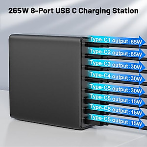 USB C Charger, 265W 8 Ports USB C Charging Station for Multiple Devices, USB C Fast Charger Multiport USB C Charger Block 65W Power Adapter for MacBook iPad iPhone, Samsung Android Phones