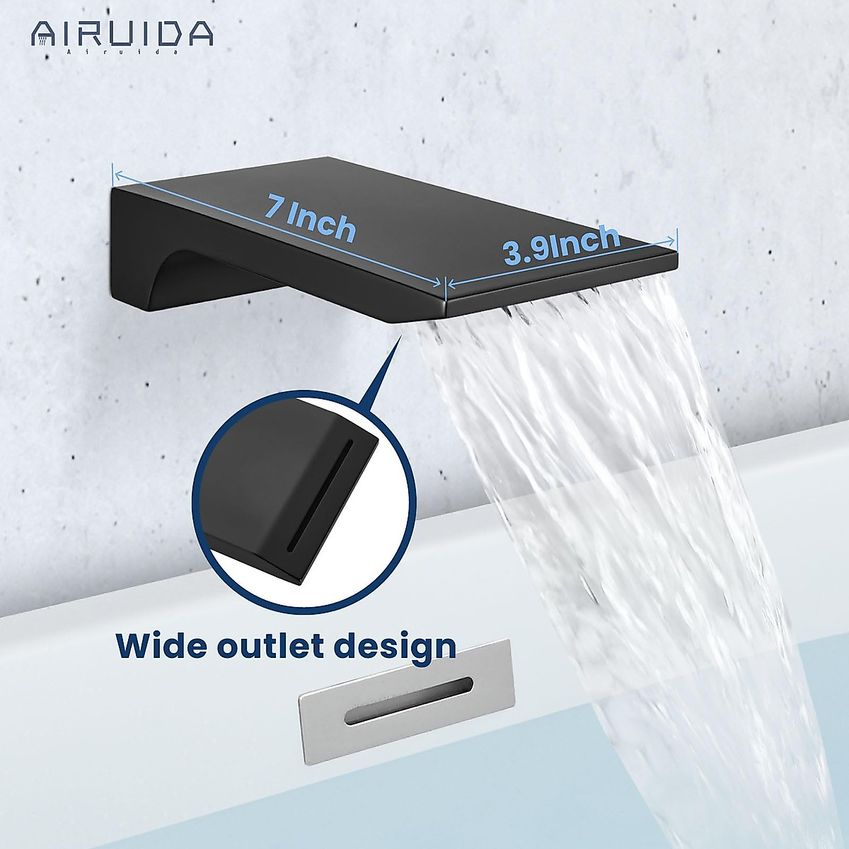 Airuida Wall Mount Tub Faucet with Waterfall Tub Spout Wall Mounted Bathtub Faucet with Handheld Shower Single Handle Tub Filler Shower Faucet Set with Rough-in valve Straight Spout Matte Black