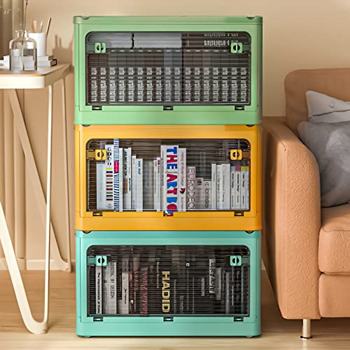 Large Clear Plastic Storage Box with Lid Wheels Collapsible Storage Bins with Five Doors Stackable Folding Container Organizer. Foldable Car Trunk Organizer Picnic Camping Family (Green)