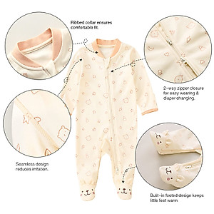 pureborn 2-Pack Baby Girls Footed Pajamas Infant Seamless Long Sleeve Cotton Footies Sleep and Play White + Beige Bear 0-3 Months