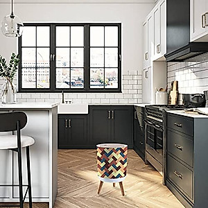 LOPYEIJFG Abstract Geometric Rectangle Cream Syrup Dark Coral Steel Blue Solid Trash Can with Lid Kitchen Bathroom Bedroom 1.8 Gallon Press Cover Wastebasket Office Wood Small Garbage Bin Waste Bin