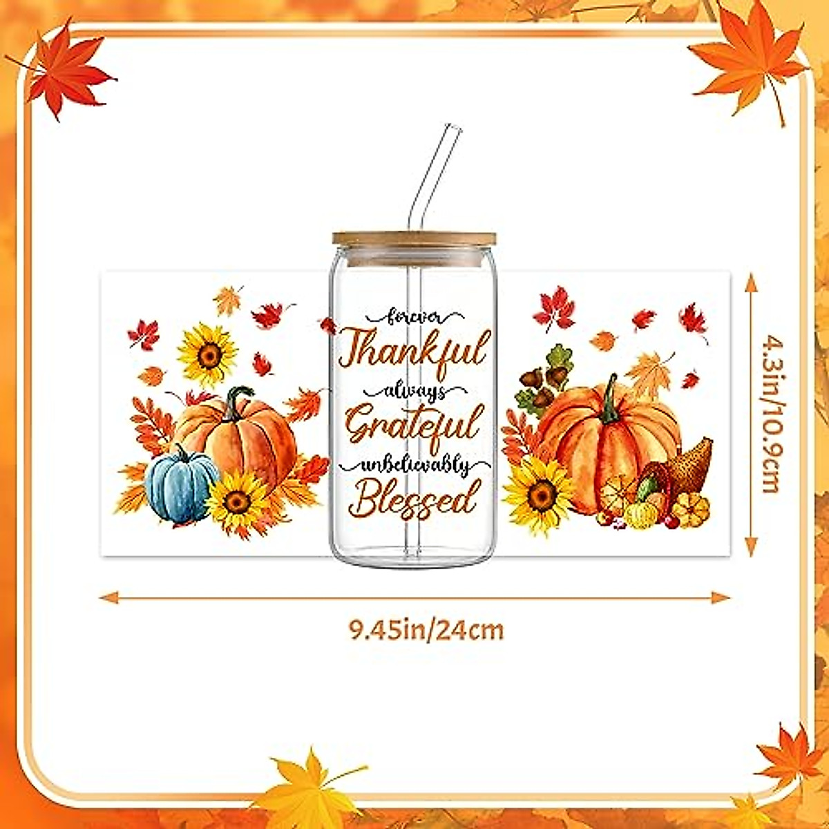 Cysincos 9 Sheets Waterproof Glass Cups UV DTF Transfer Stickers DIY Decals Rub on Transfers for Wood Furniture Craft (Thanksgiving Day-9pcs)