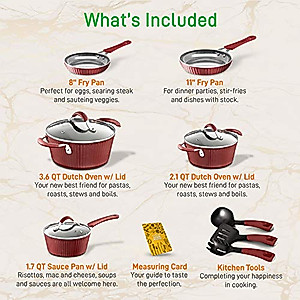 NutriChef Non-Stick Kitchenware Pots & Pans, Gray Inside & Red Outside, Metal + Silicone Handle, PTFE/PFOA/PFOS Free NCCW11RDL, 11 Pcs. Stylish Kitchen Cookware Set w/Elegant Lines Pattern