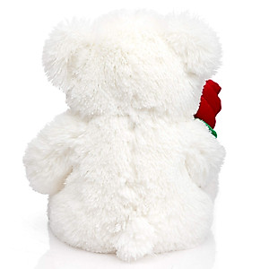 HollyHOME Teddy Bear Stuffed Animal Rose Bear with Red Bow Soft Plush Toy Holiday Valentine's Day Gift 12 Inches White