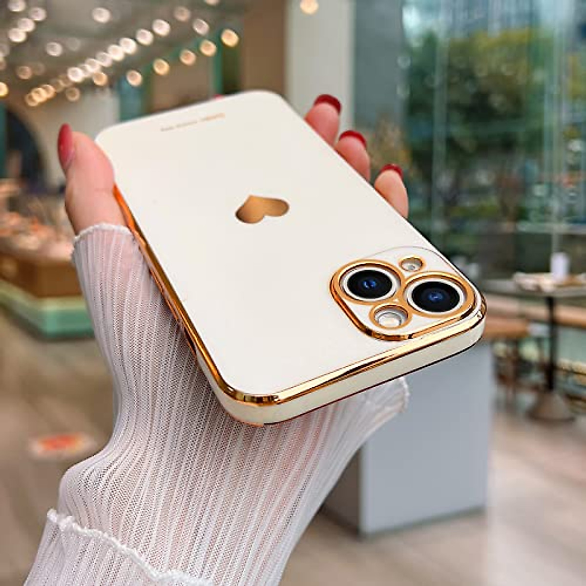 Teageo Compatible with iPhone 13 Case for Women Girl Cute Love-Heart Luxury Bling Plating Soft Back Cover Raised Full Camera Protection Bumper Silicone Shockproof Phone Case for iPhone 13, White