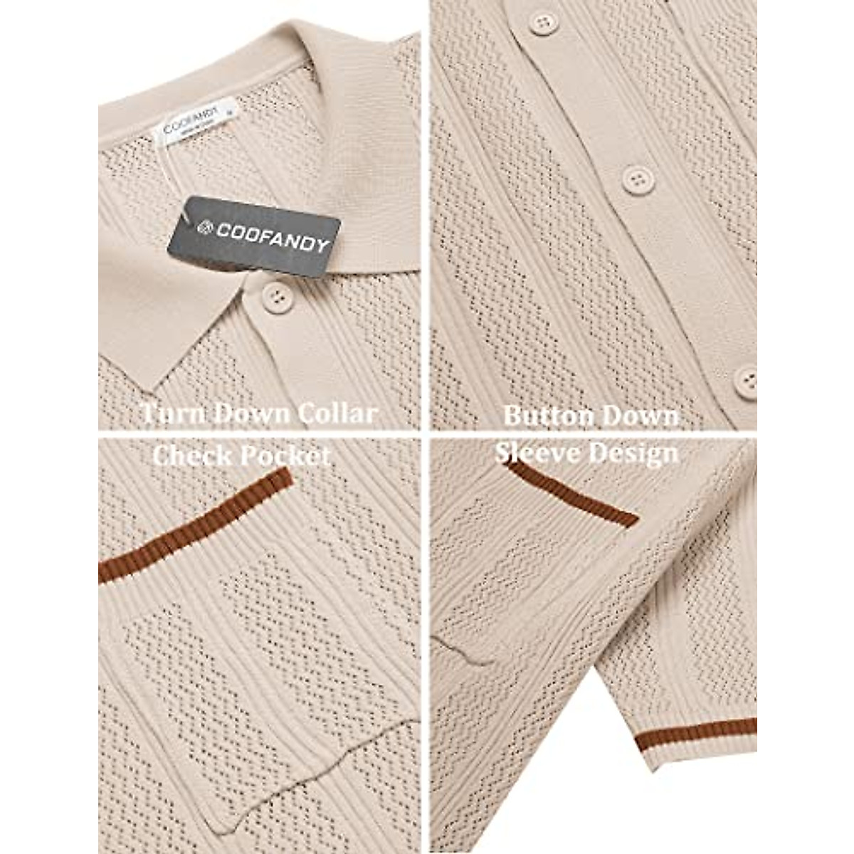 COOFANDY Knit Polo Shirts Short Sleeve for Men Summer Casual Beach Button Down Shirt Light Brown