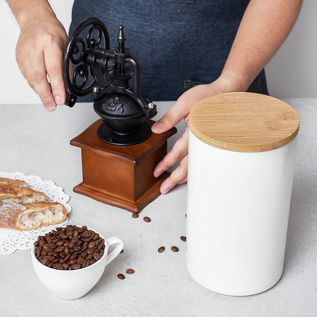 Sweese Kitchen Canister, Porcelain Food Storage Jar with Bamboo Lid for Ground Coffee, Flour, Tea, Sugar, Airtight Coffee Container,40oz/1300ml White No.821.101