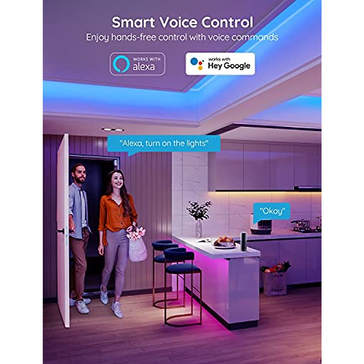 Govee Smart WiFi LED Strip Lights , 50ft RGB LED Lights Work with Alexa and Google Assistant, Color Changing Light Strip, Music Sync, App Controlled LED Lights for Bedroom and Gaming, Easy to Install