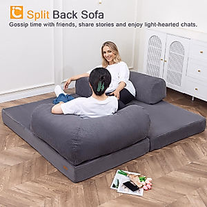 COMAX Futon Sofa Bed, 4-in-1 Floor Foldable Sofa Couch Bed Queen with L-Shaped Armrests, Convertible Folding Chair Bed Sleeper Mattress Fold Out Comfy Lounge for Living Room Bedroom, Dark Grey